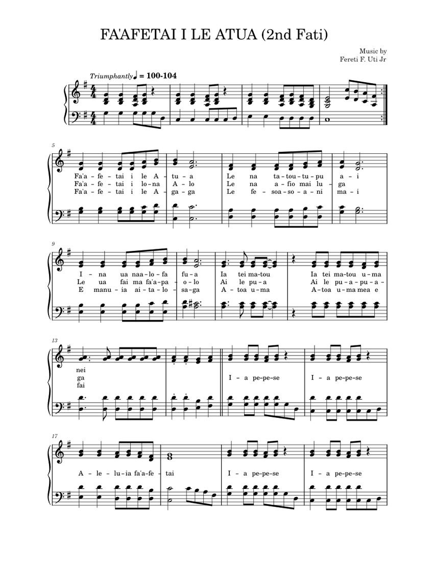 FA'AFETAI I LE ATUA (2nd Fati) Sheet Music for Piano (SATB) | MuseScore.com