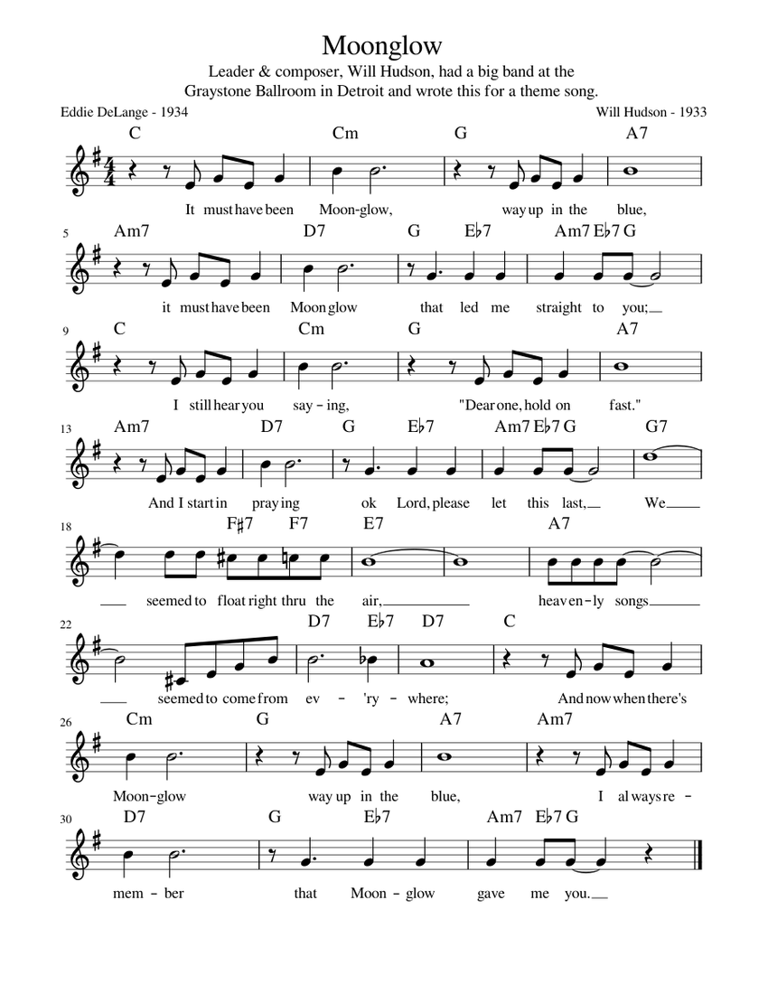 Moonglow Sheet Music with Chords for Voice (other) (Solo) | MuseScore.com