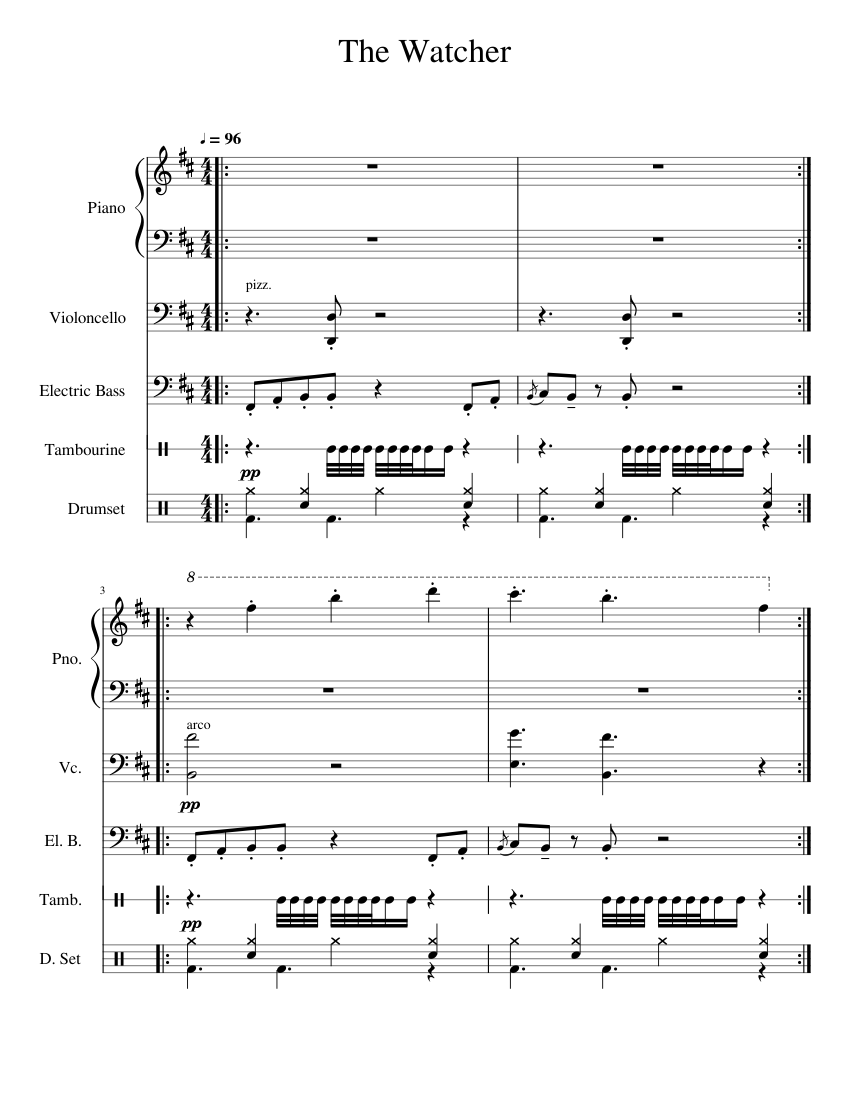 The Watcher Sheet Music for Piano, Tambourine, Cello, Bass guitar ...