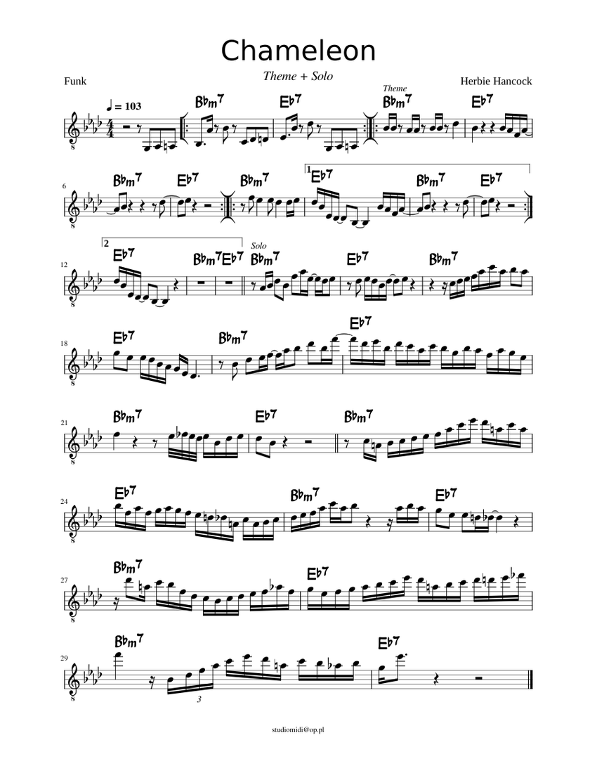 Chameleon + solo– Herbie Hancock Sheet Music with Chords for Guitar (Jazz Band) | MuseScore.com