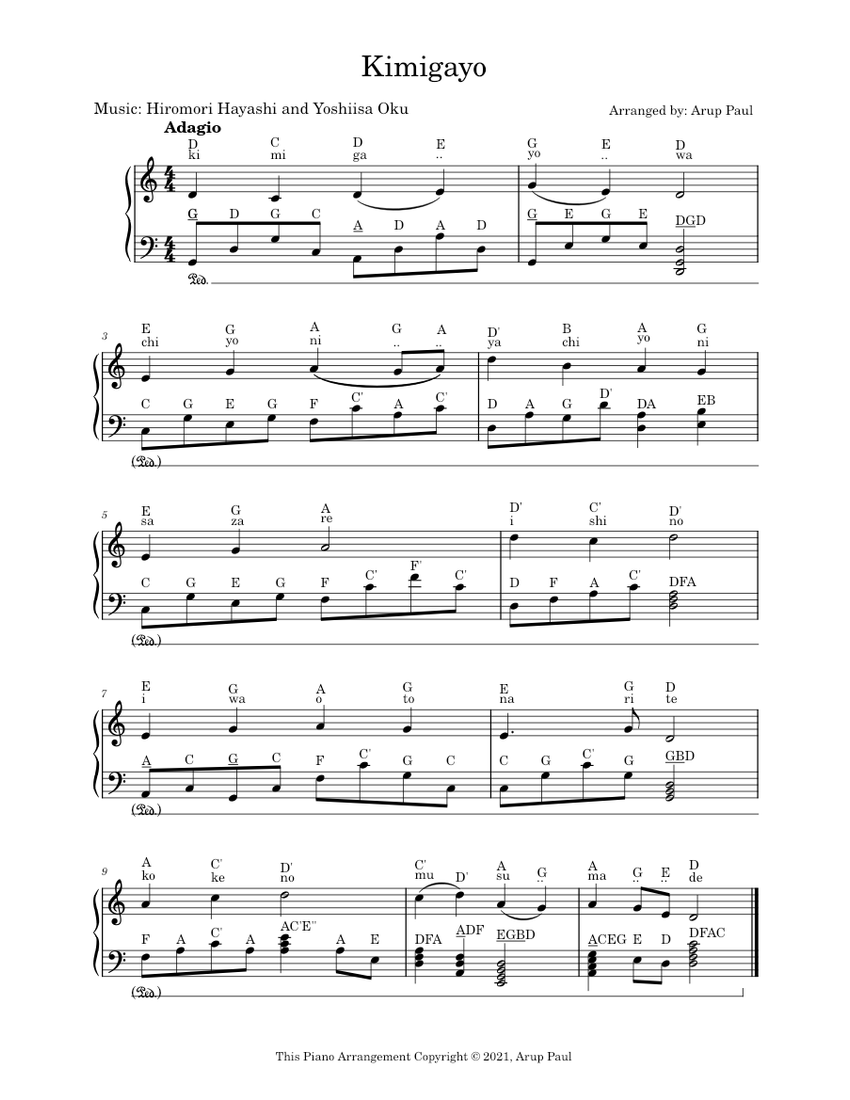Kimigayo Piano Solo Arrangement and Staff Notation by Arup Paul Sheet ...