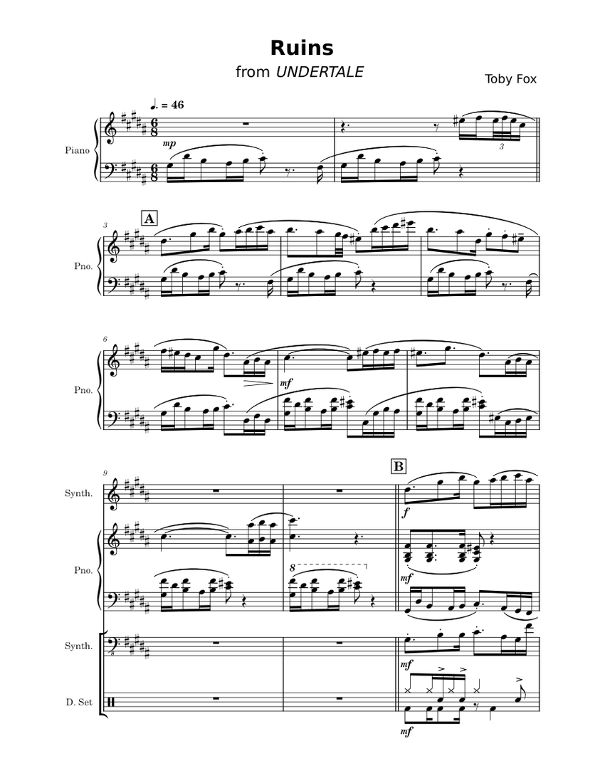Ruins - UNDERTALE Sheet music for Piano, Glockenspiel, Bass guitar ...