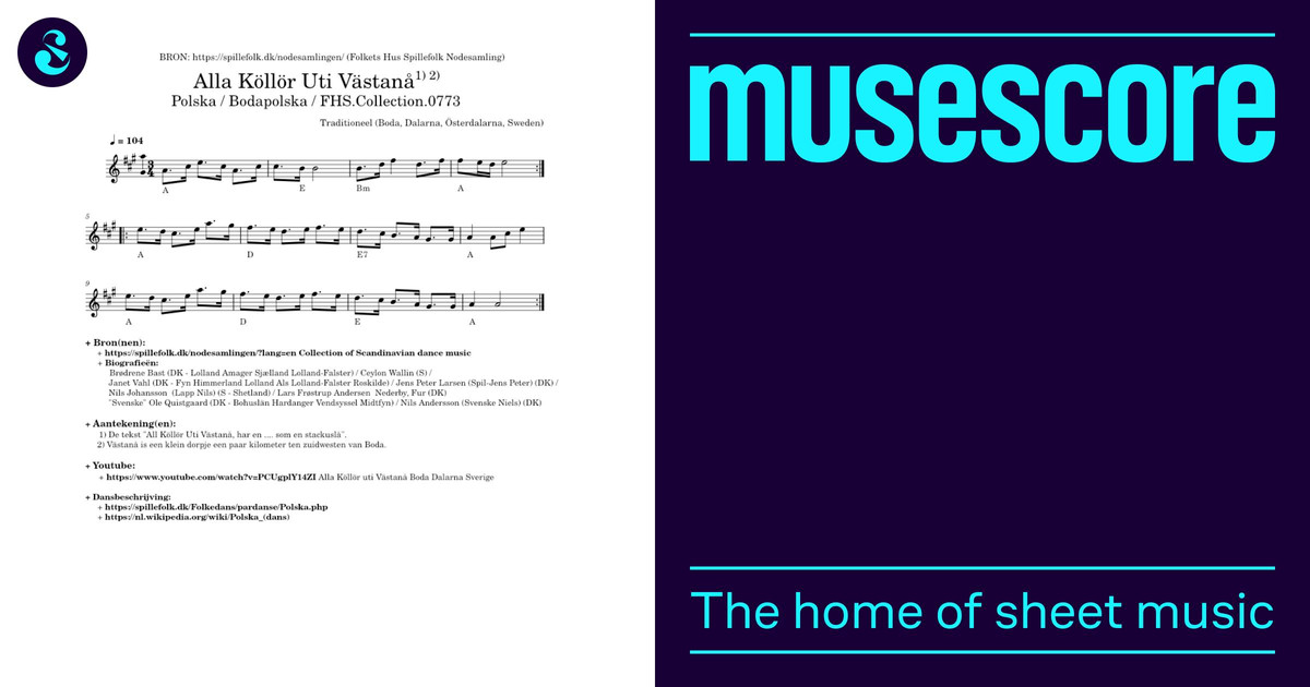 Alla Kôllôr Uti Västanå (FHS.Collection.0773) Sheet Music for Violin ...