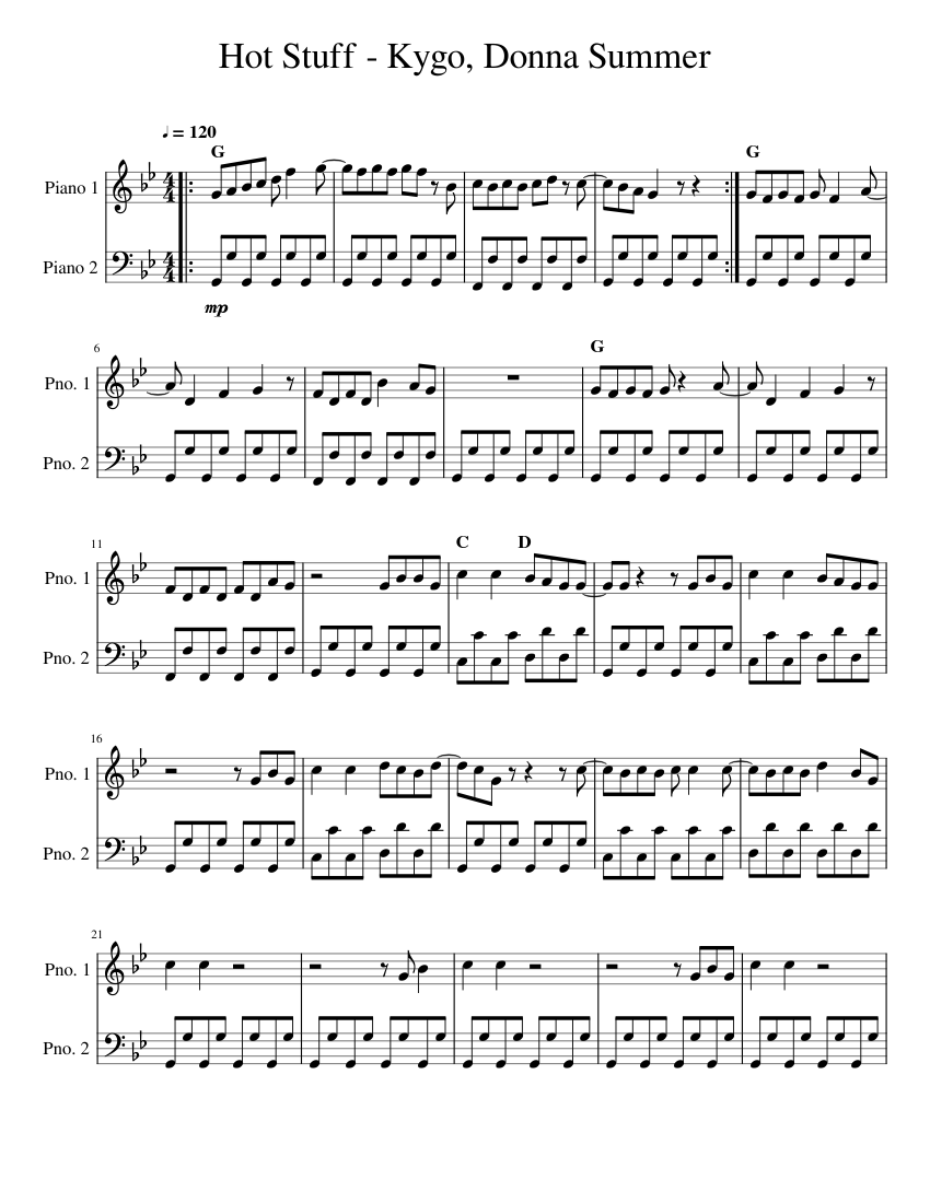 Hot Stuff - Kygo, Donna Summer Sheet Music for Piano (Piano Duo ...