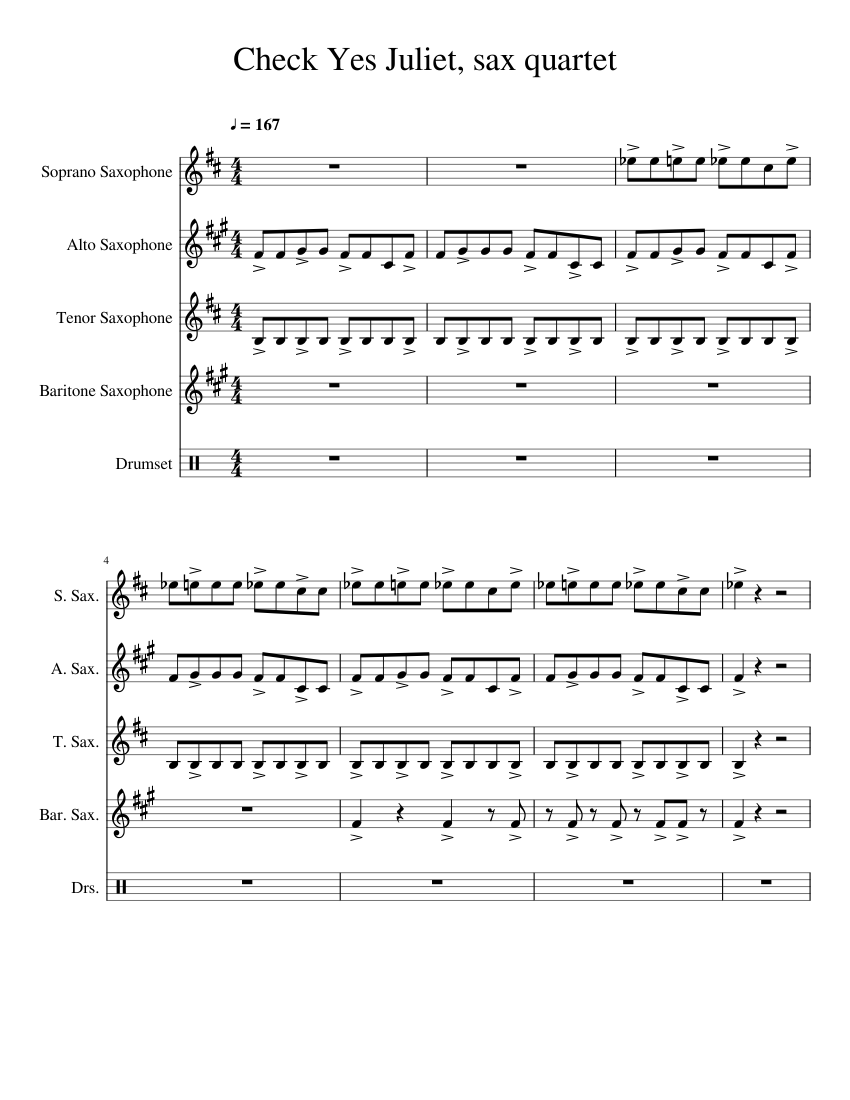 Check Yes Juliet sax quartet Sheet music for Saxophone alto, Saxophone ...