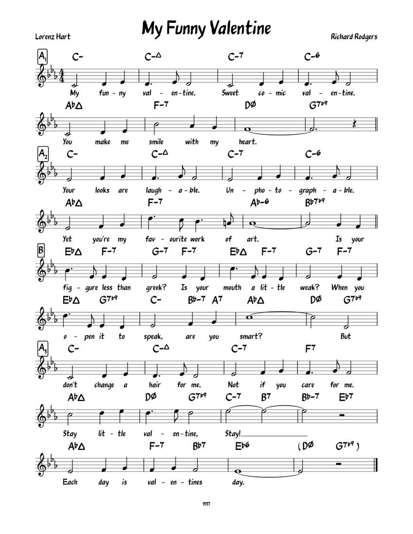 My Funny Valentine Sheet Music with Chords for Piano (Solo) easy ...