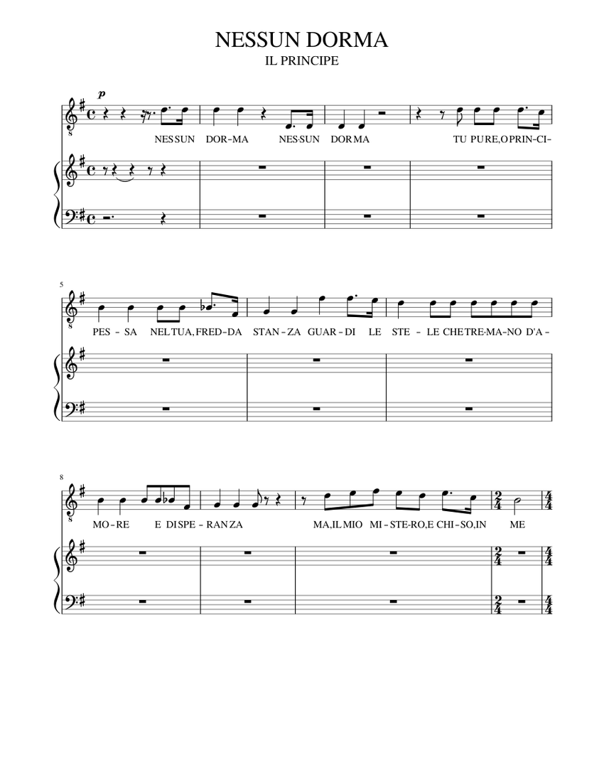 NESSUN DORMA Sheet music for Piano, Vocals (Piano-Voice) | Musescore.com