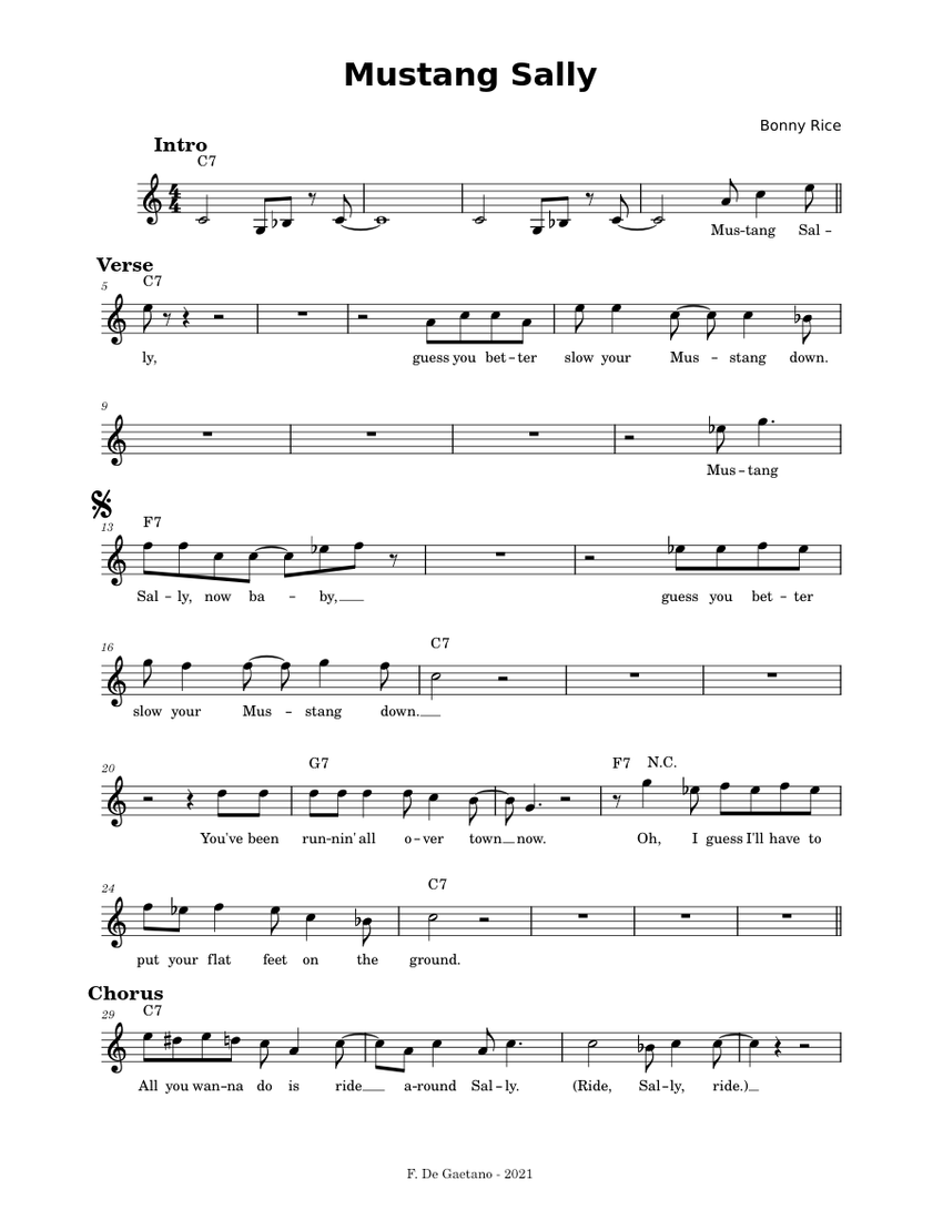 Mustang Sally - Bonny Rice Sheet Music with Chords for Piano (Solo ...