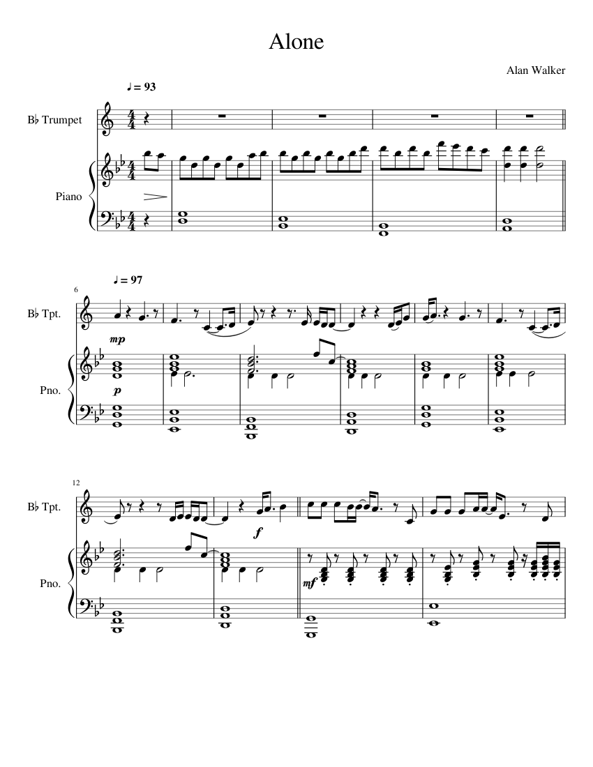 Alone Alan Walker Trumpet Sheet Music for Piano, Trumpet in b-flat ...