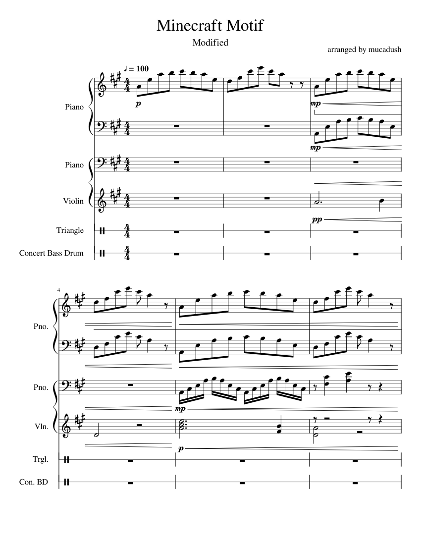 Minecraft Motif Sheet music for Piano, Violin, Bass drum, Triangle ...