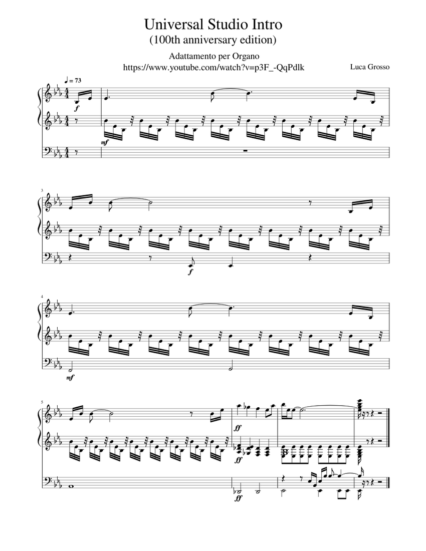 Universal Studios Theme (100th Anniversary) – Jerry Goldsmith - Brian Tyler Organ Version Sheet ...