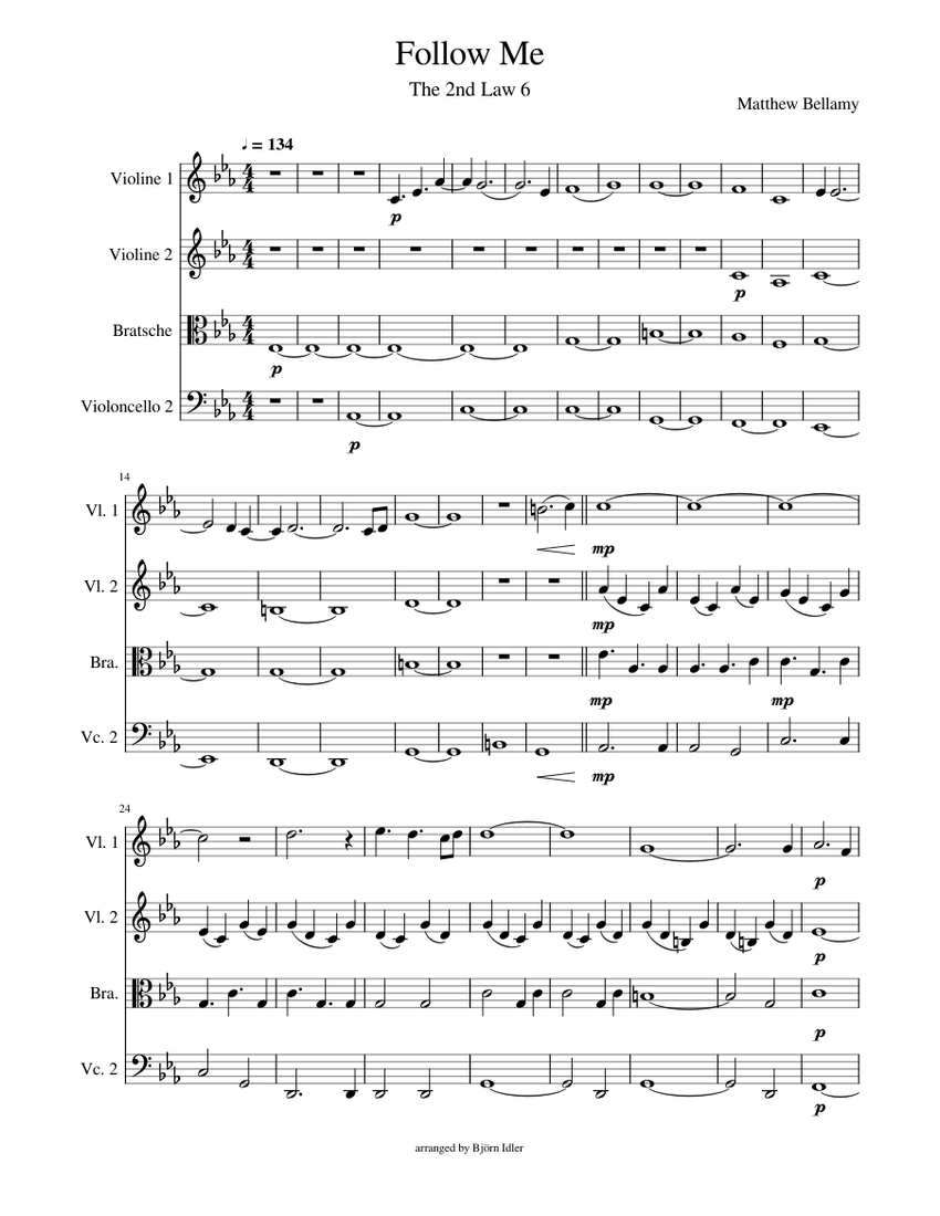 Muse - Follow Me Sheet Music for Violin, Viola, Cello (String Quartet ...