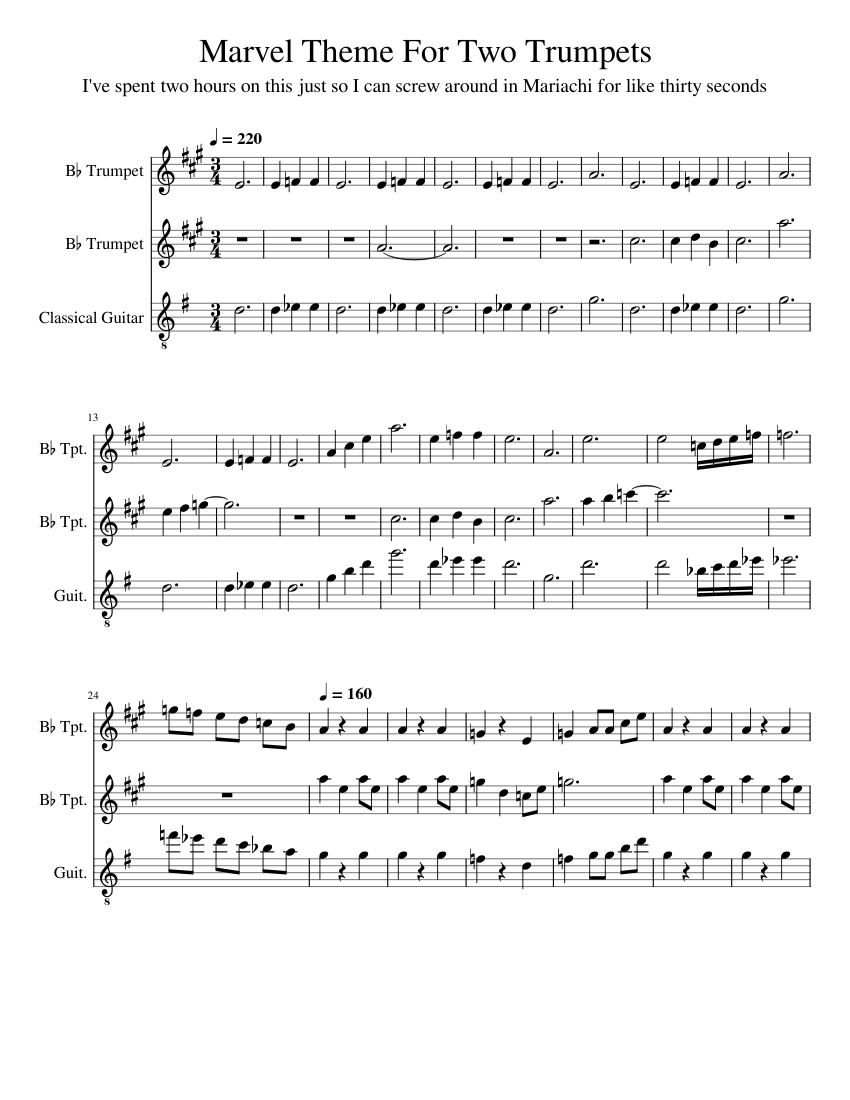 Marvel/Avengers Theme For Two Trumpets Sheet Music for Trumpet in b ...
