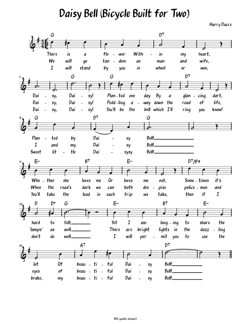 Daisy Bell -- Bicycle Built for Two (lead sheet with 3 verses and ...
