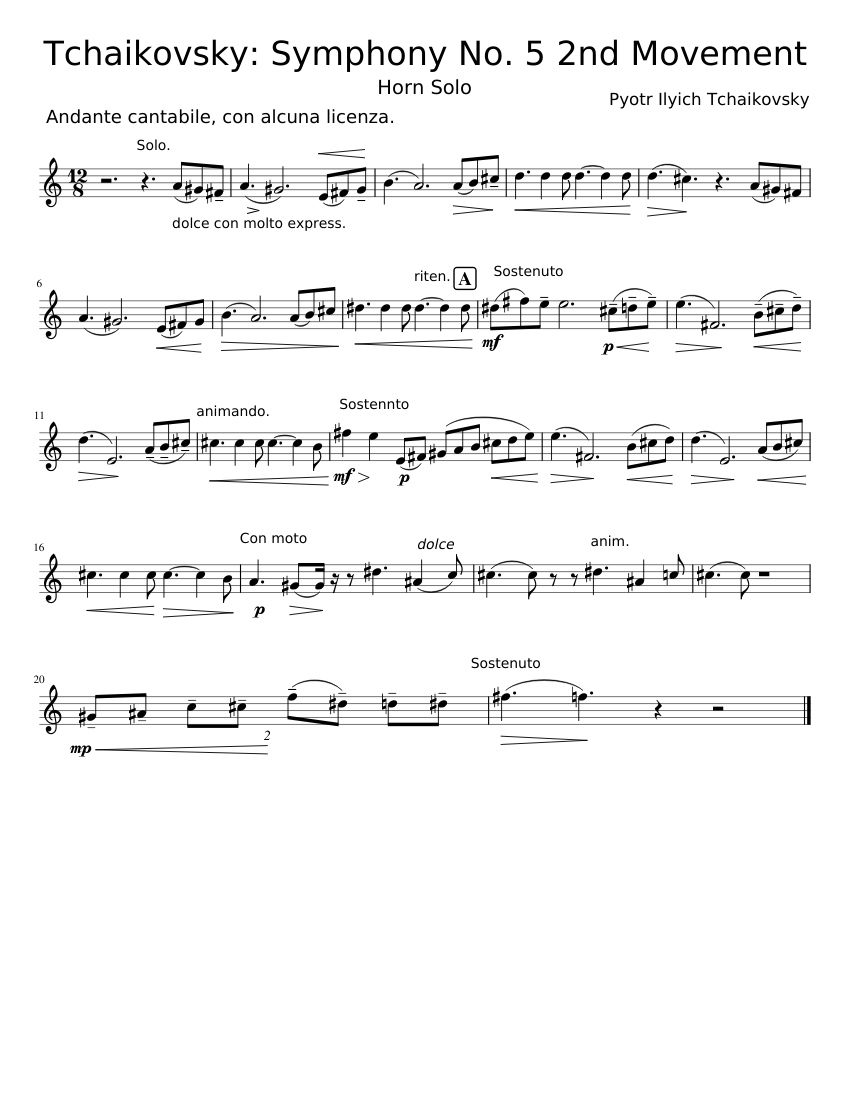 Tchaikovsky Symphony No 5 2nd Movement Horn Solo Sheet Music for French horn (Solo) | MuseScore.com