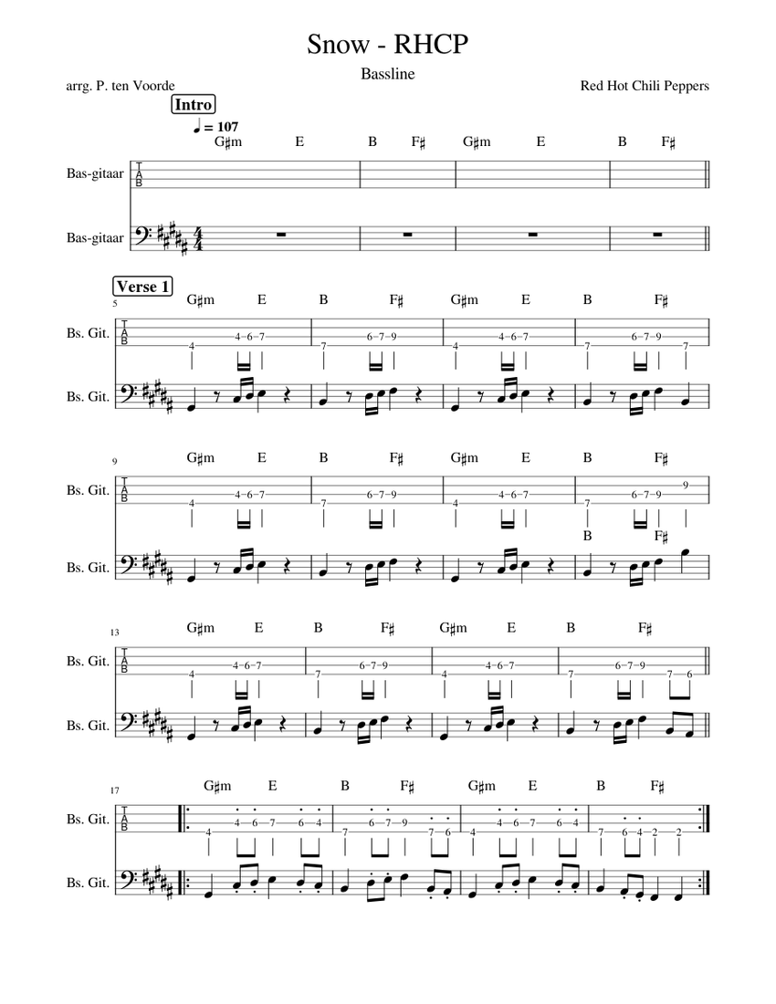 Snow hey oh – Red Hot Chili Peppers - Bassline Sheet Music and Tab with ...