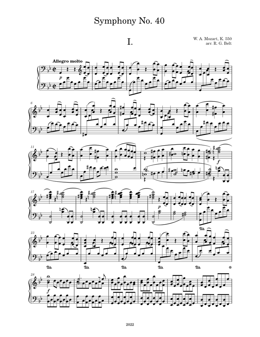 Mozart/Belt: Symphony No. 40 in G Minor, K. 550 - I. Allegro molto Sheet Music for Piano (Solo ...