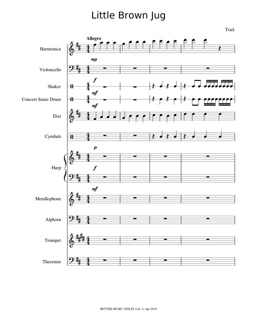 Little Brown Jug Sheet music for Snare drum, Crash, Cello, Harp & more ...