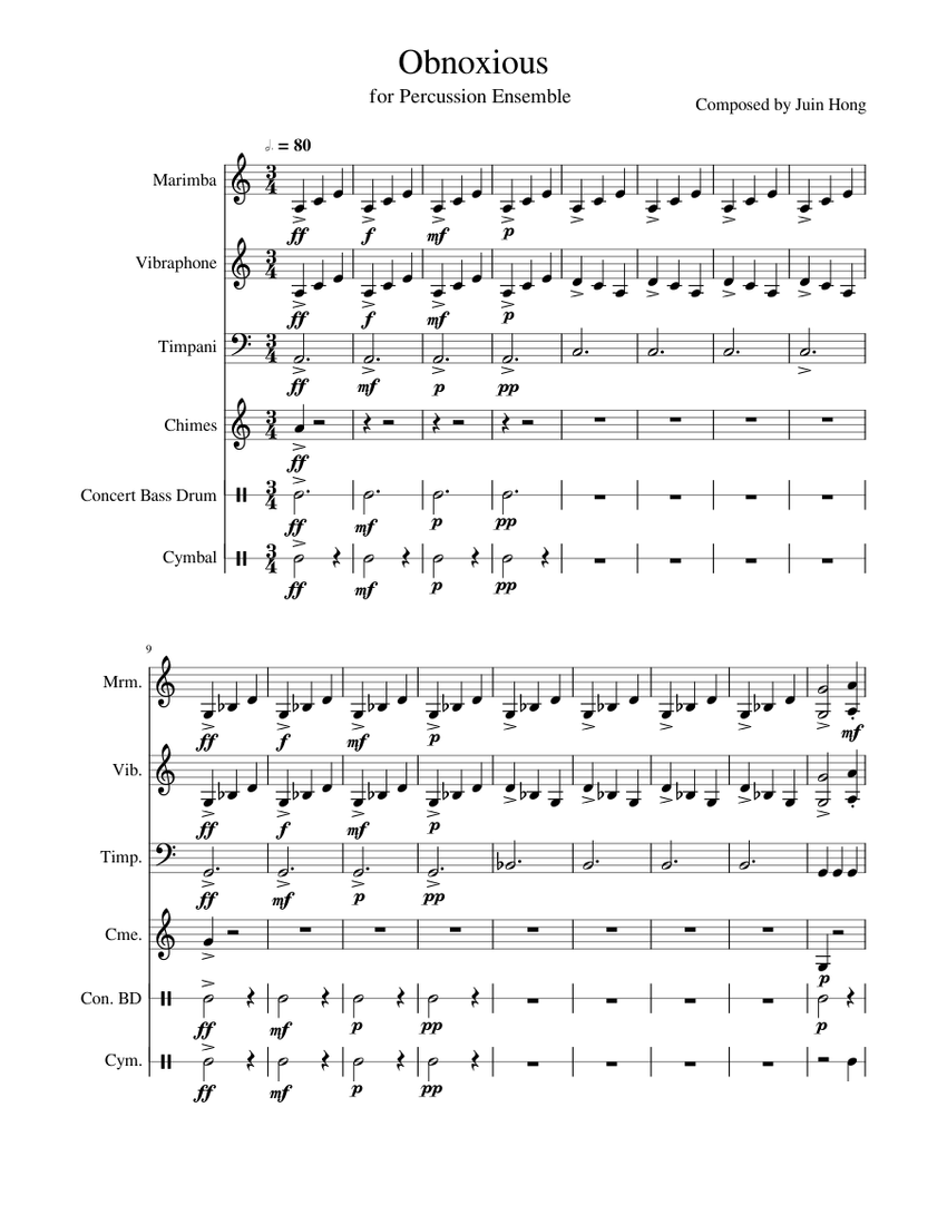 Obnoxious for Percussion Ensemble Sheet music for Timpani, Vibraphone ...