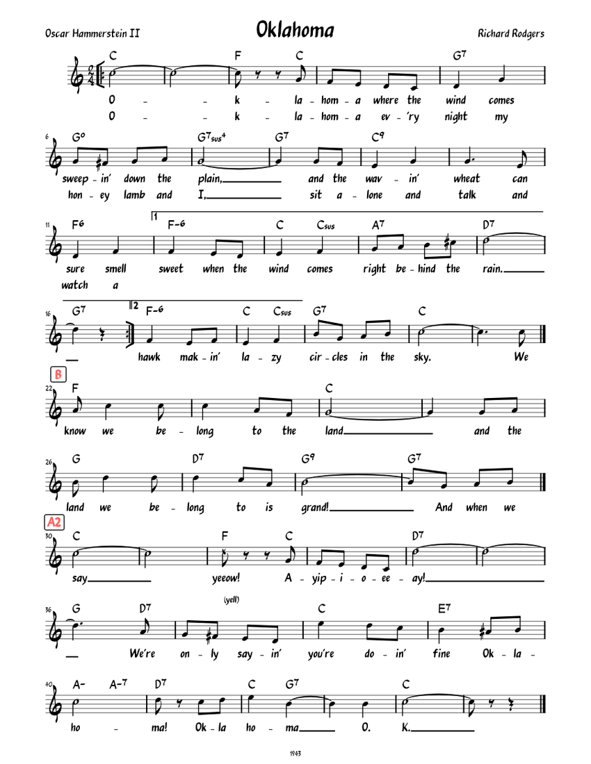 Oklahoma (Lead sheet with lyrics ) Sheet Music with Chords for Piano ...