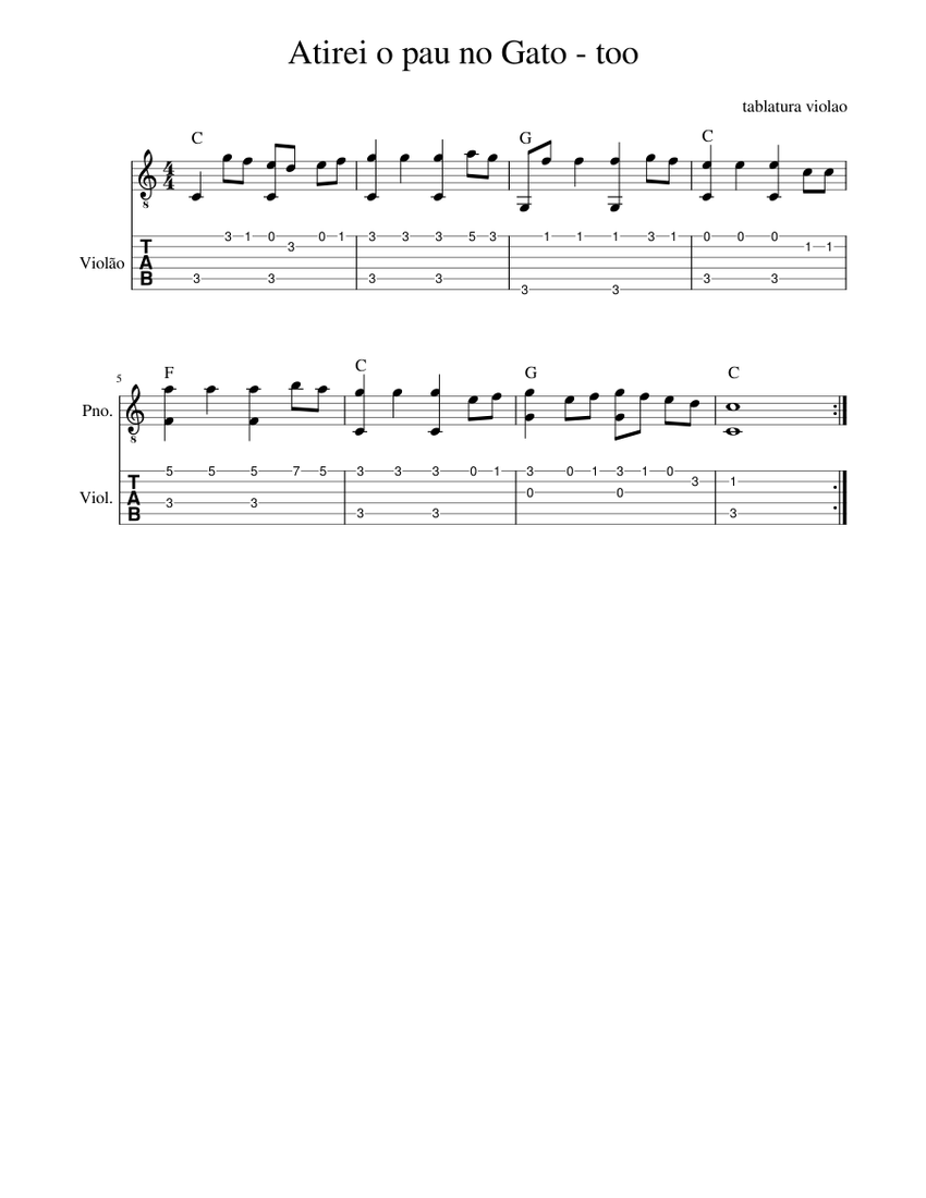 Atirei o pau do Gato too tablatura violão Sheet music for Piano, Guitar ...