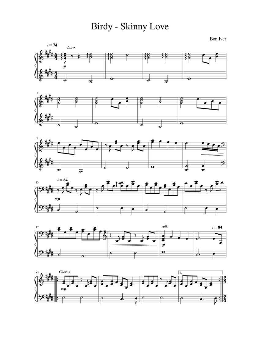 Birdy Skinny Love Sheet Music For Piano Solo