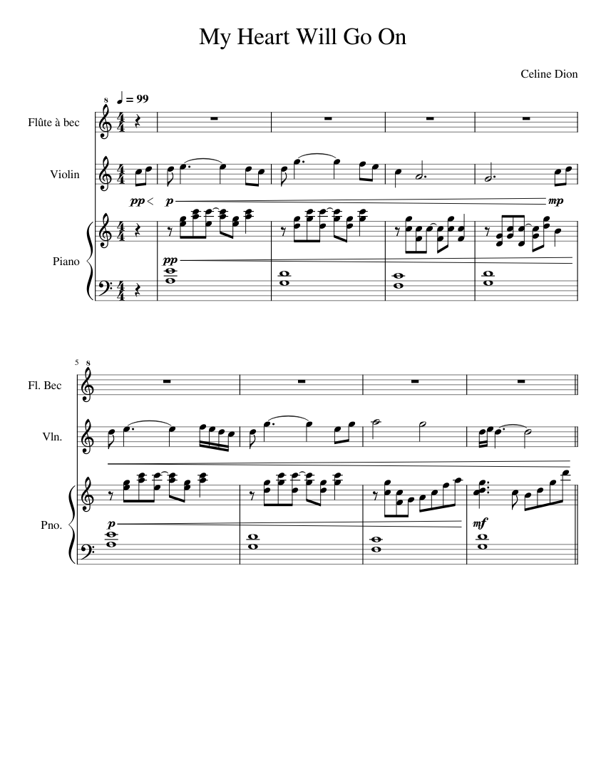 My heart will go on Sheet music for Piano, Violin, Recorder (Mixed Trio ...