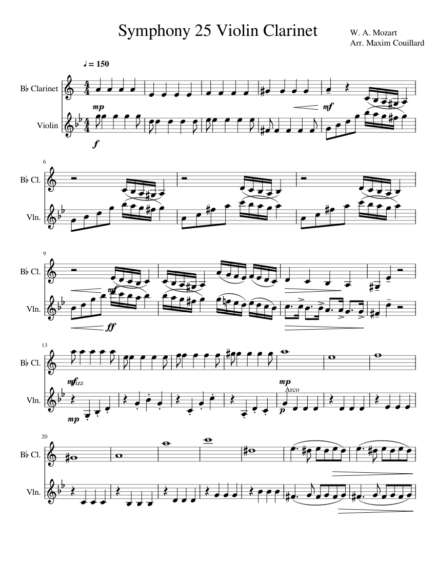 Symphony 25 Violin Clarinet Duet Sheet Music for Clarinet in b-flat ...