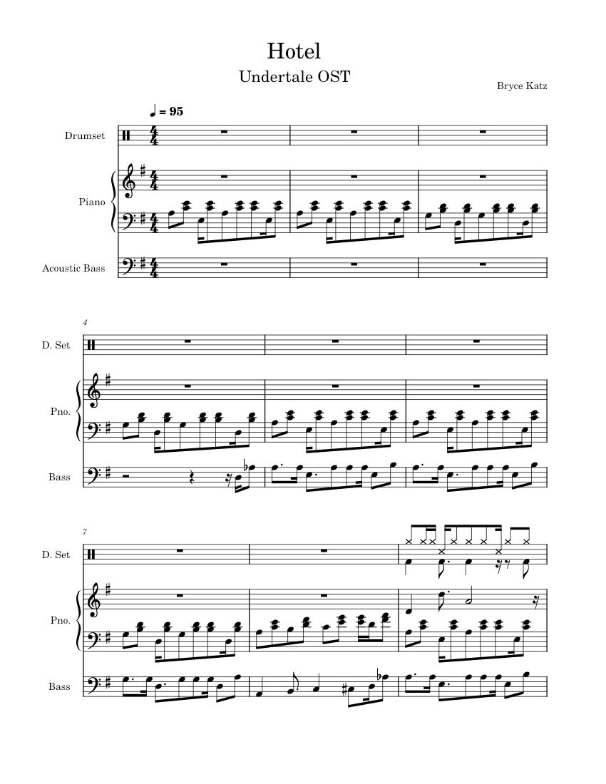 Hotel – Toby Fox Sheet music for Piano, Bass guitar, Drum group (Mixed ...