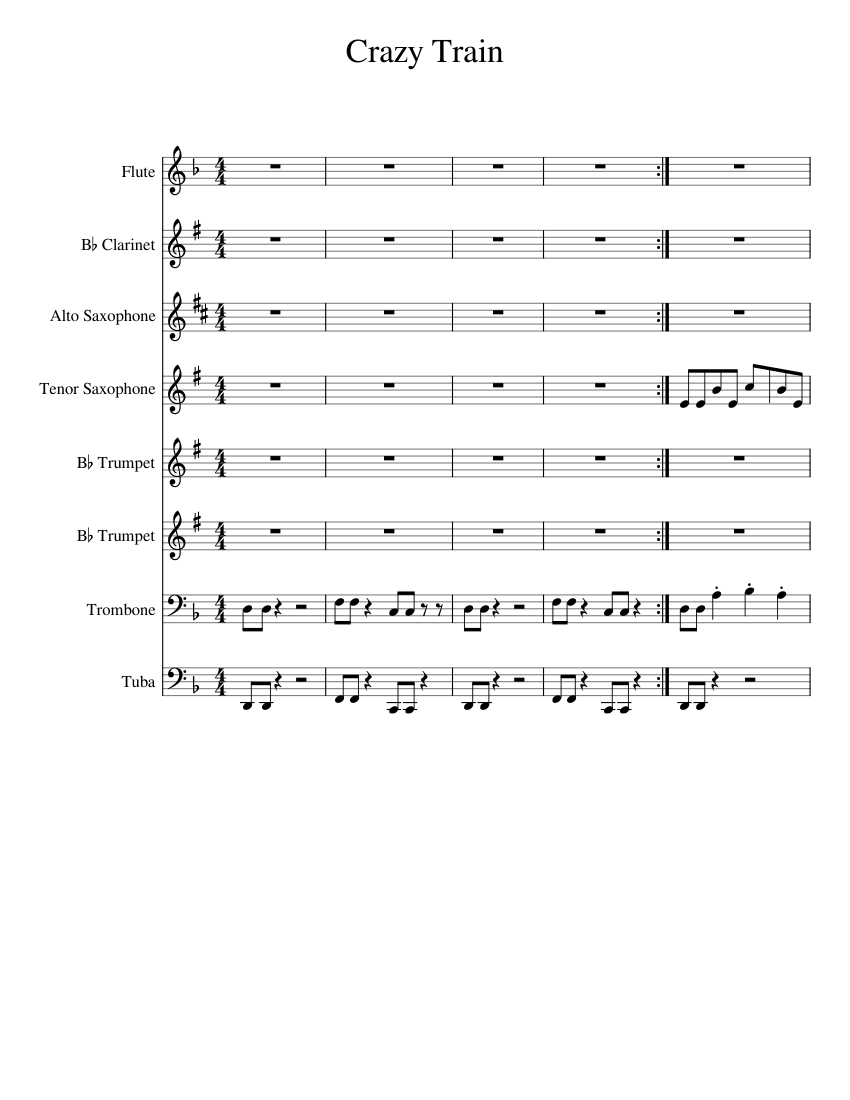 Crazy Train Sheet Music for Trombone, Tuba, Flute, Clarinet in b-flat ...