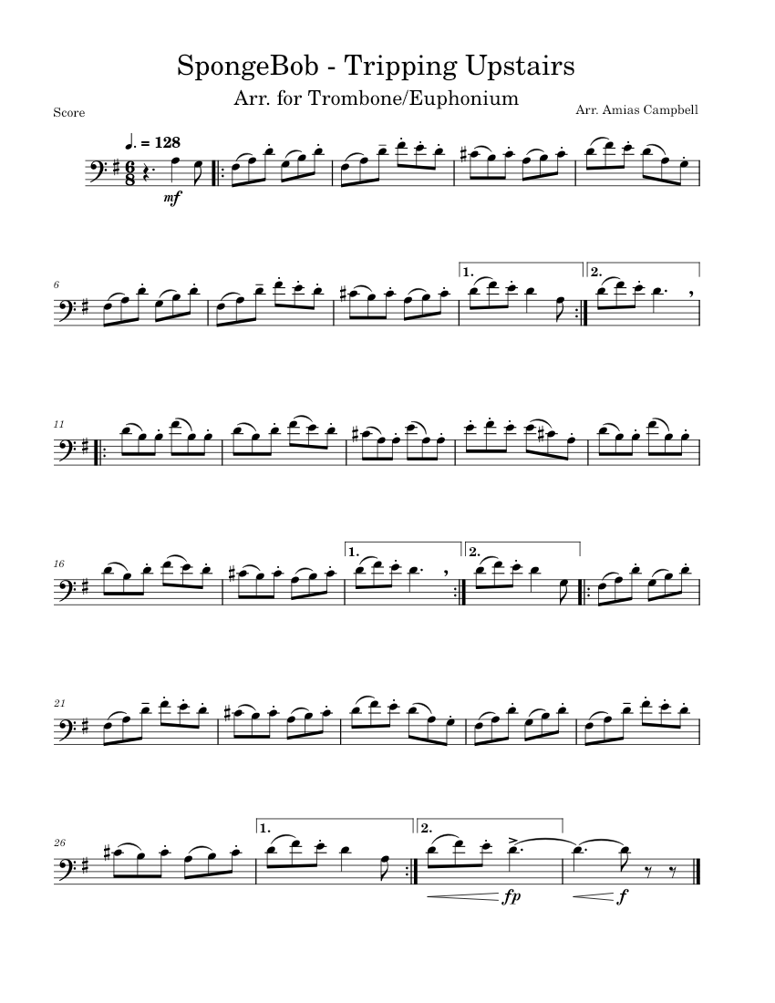 SpongeBob - Tripping Upstairs, Arr. for Trombone/Euphonium Sheet music ...