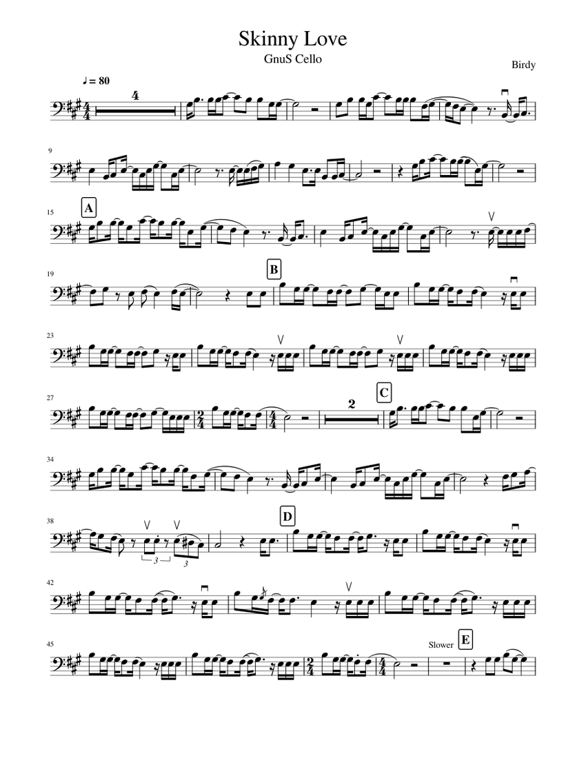 Skinny Love Gnus Sheet Music For Cello Solo