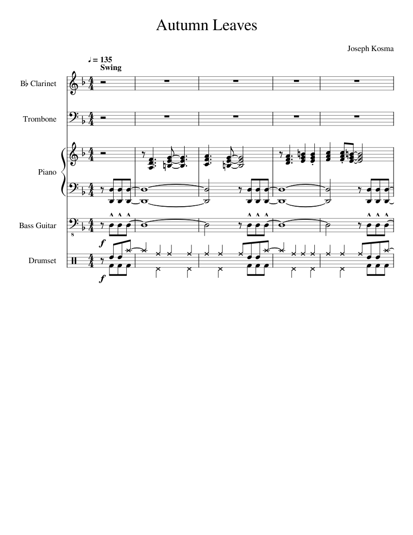 Autumn Leaves Sheet music for Piano, Trombone, Clarinet in b-flat, Bass ...