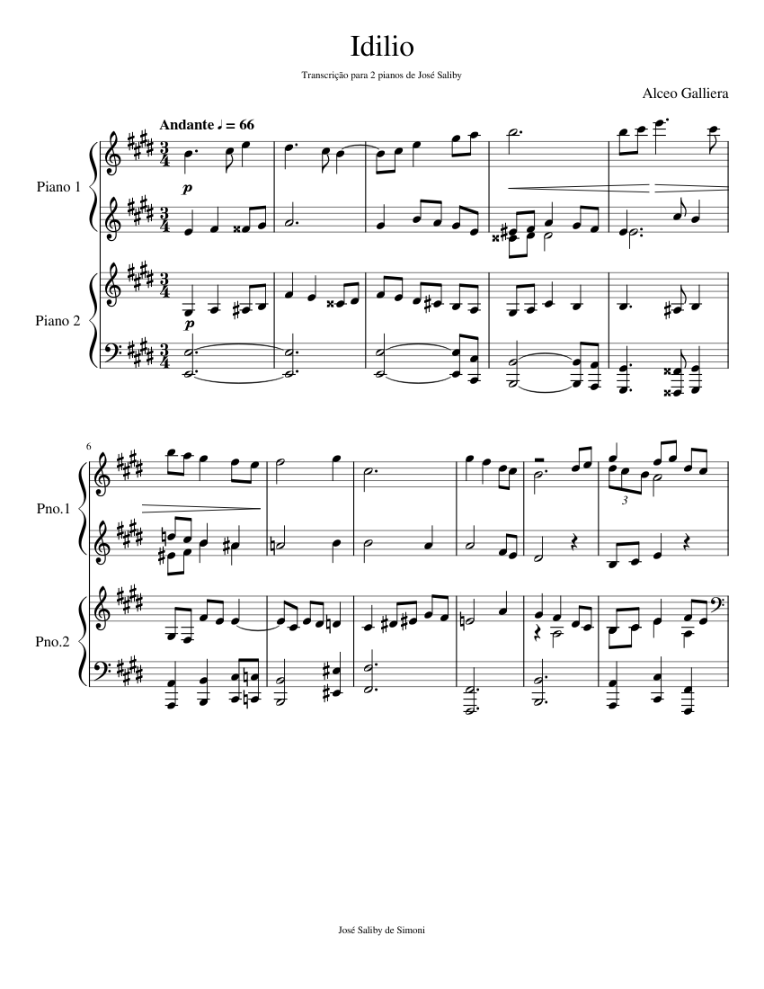 Alceo Galliera - Idilio - 2 Pianos arragement by José Saliby Sheet ...