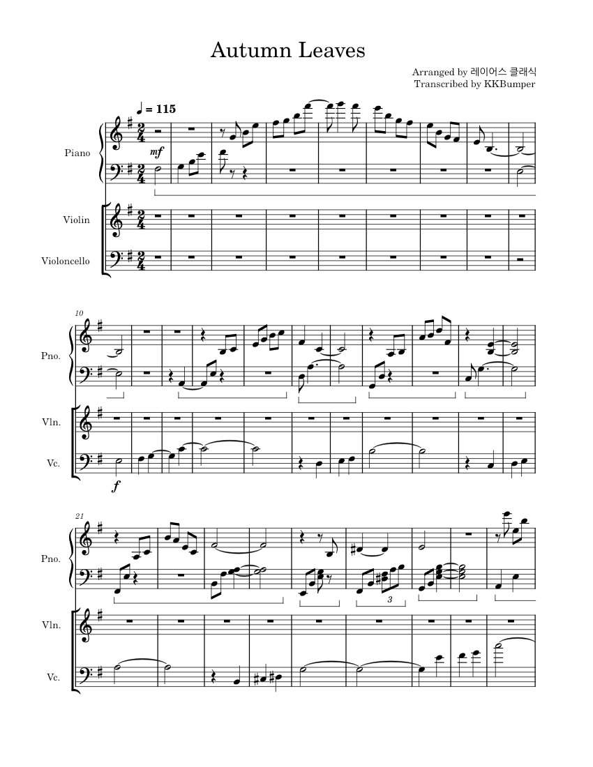 Autumn Leaves Sheet Music for Piano, Violin, Cello (Piano Trio ...