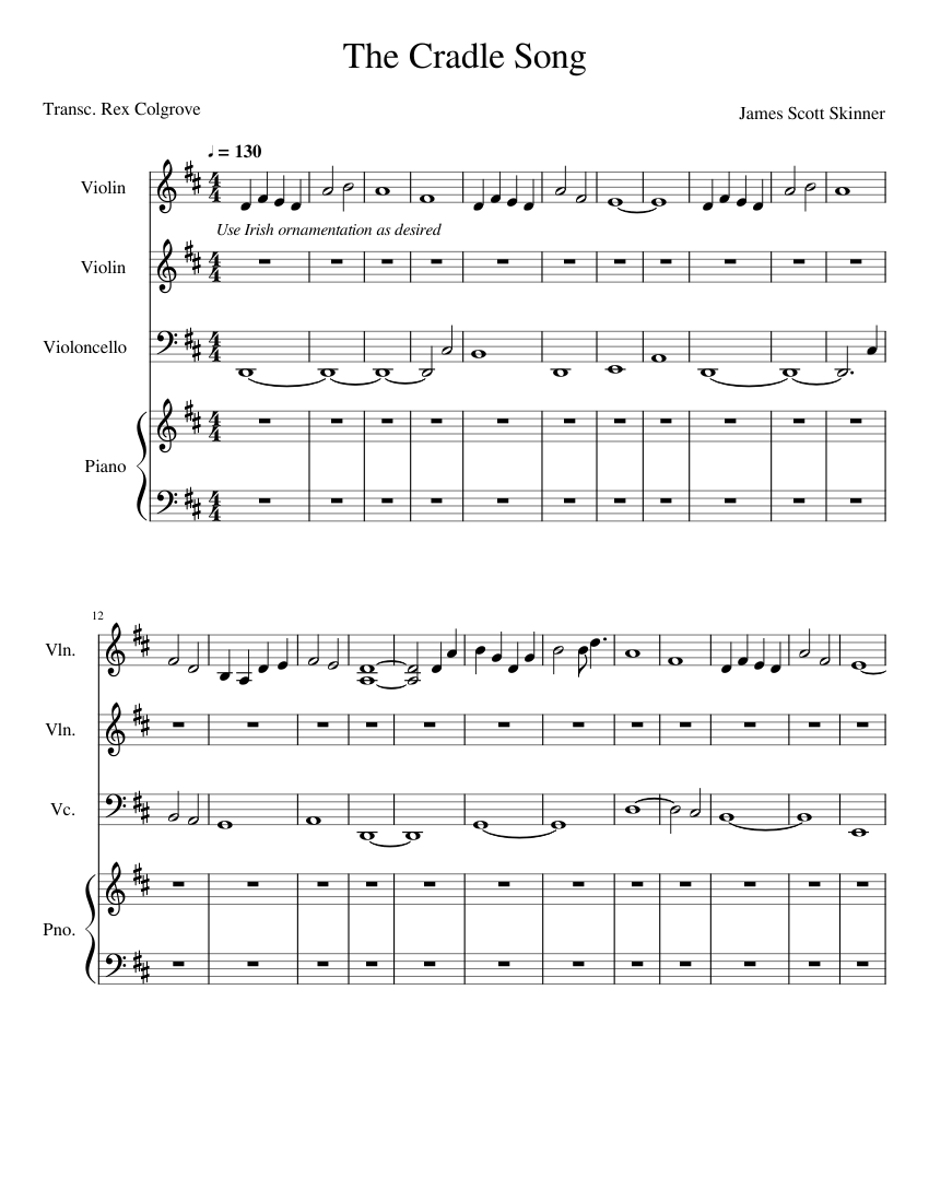 The Cradle Song (Simplified) Sheet Music for Piano, Violin, Cello ...