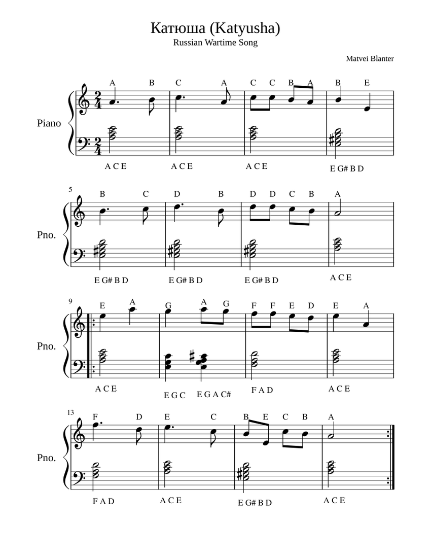 Katyusha Russian Wartime Song PIANO Sheet music for Piano (Solo ...
