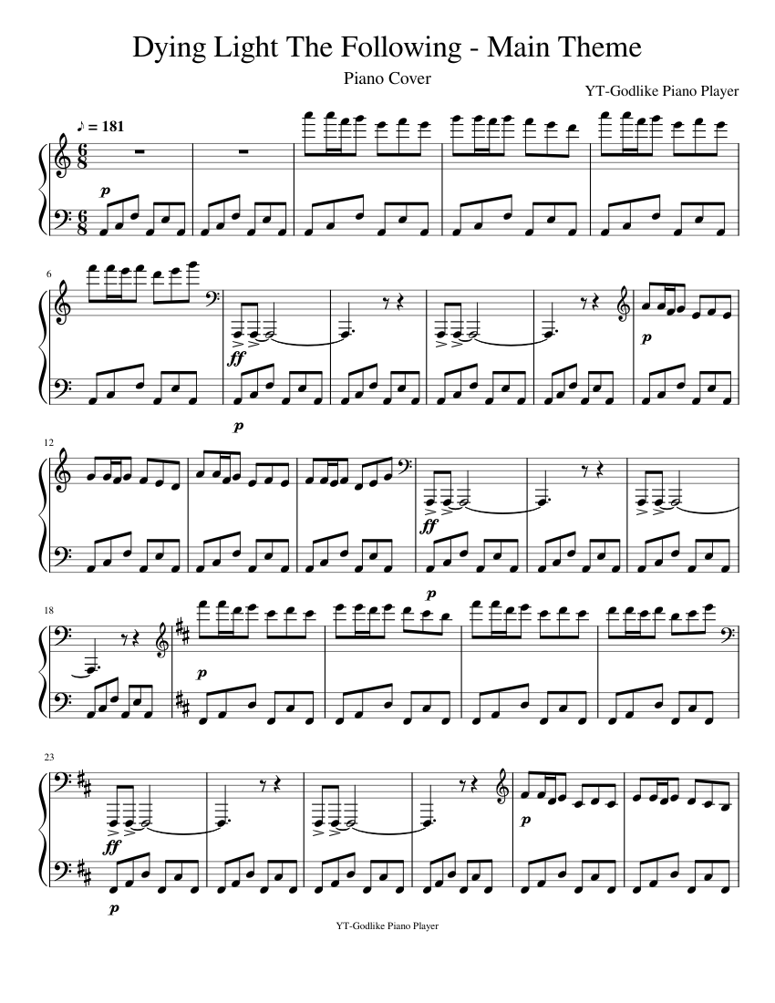 Dying Light The Following Main Theme Sheet Music for Piano (Solo) Easy ...