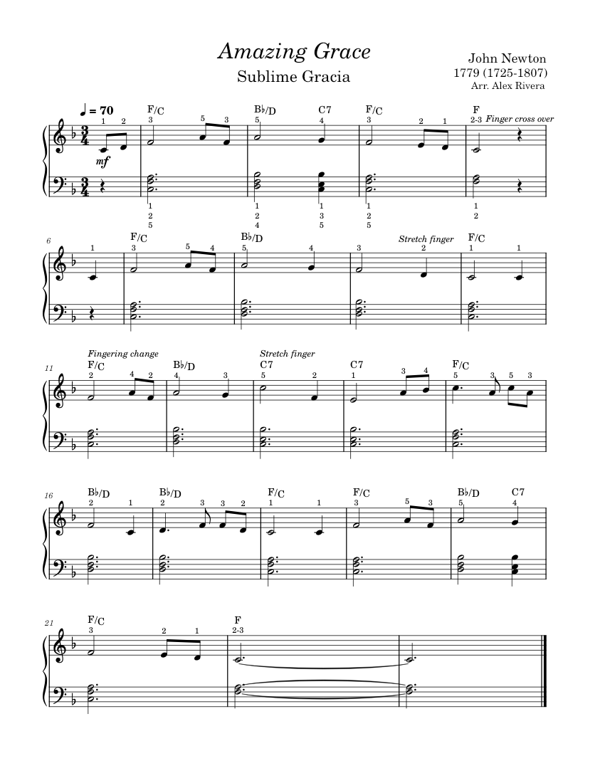 Easy Amazing Grace (Solo Piano) Sheet Music with Chords for Piano (Solo ...