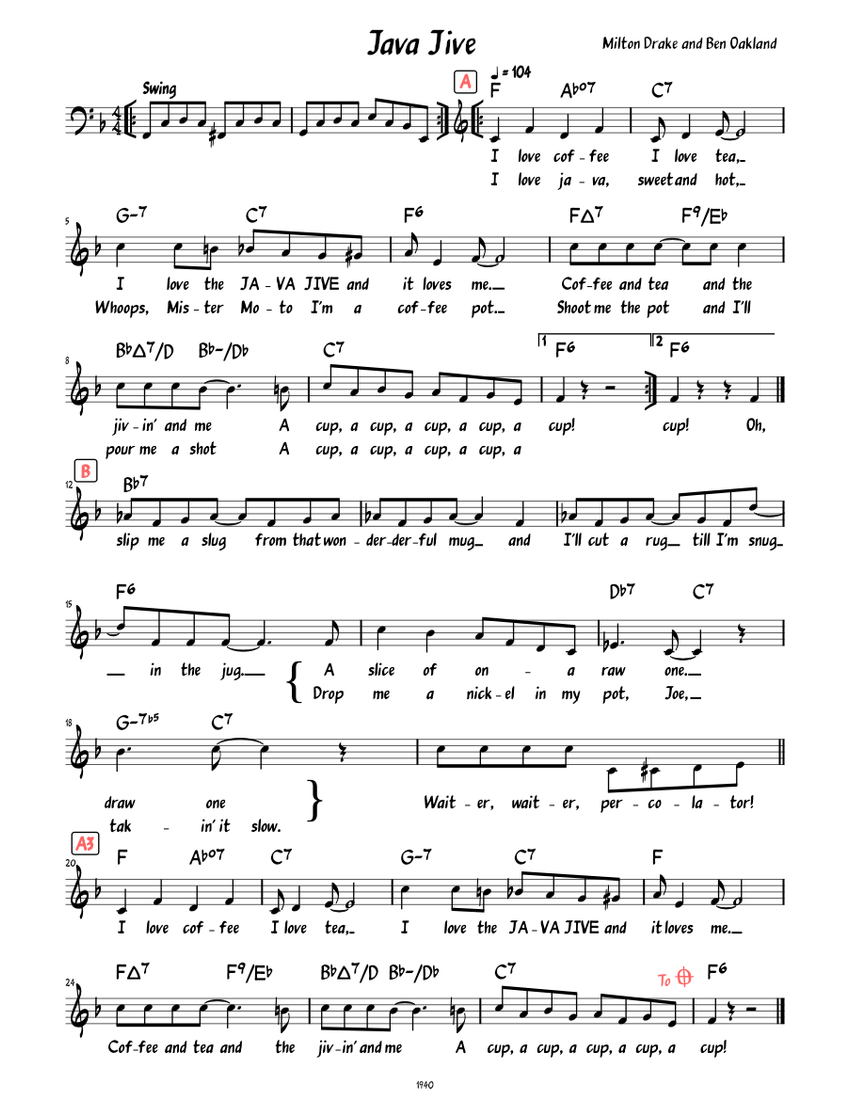 Java Jive (Lead sheet with lyrics ) Sheet music for Piano (Solo ...