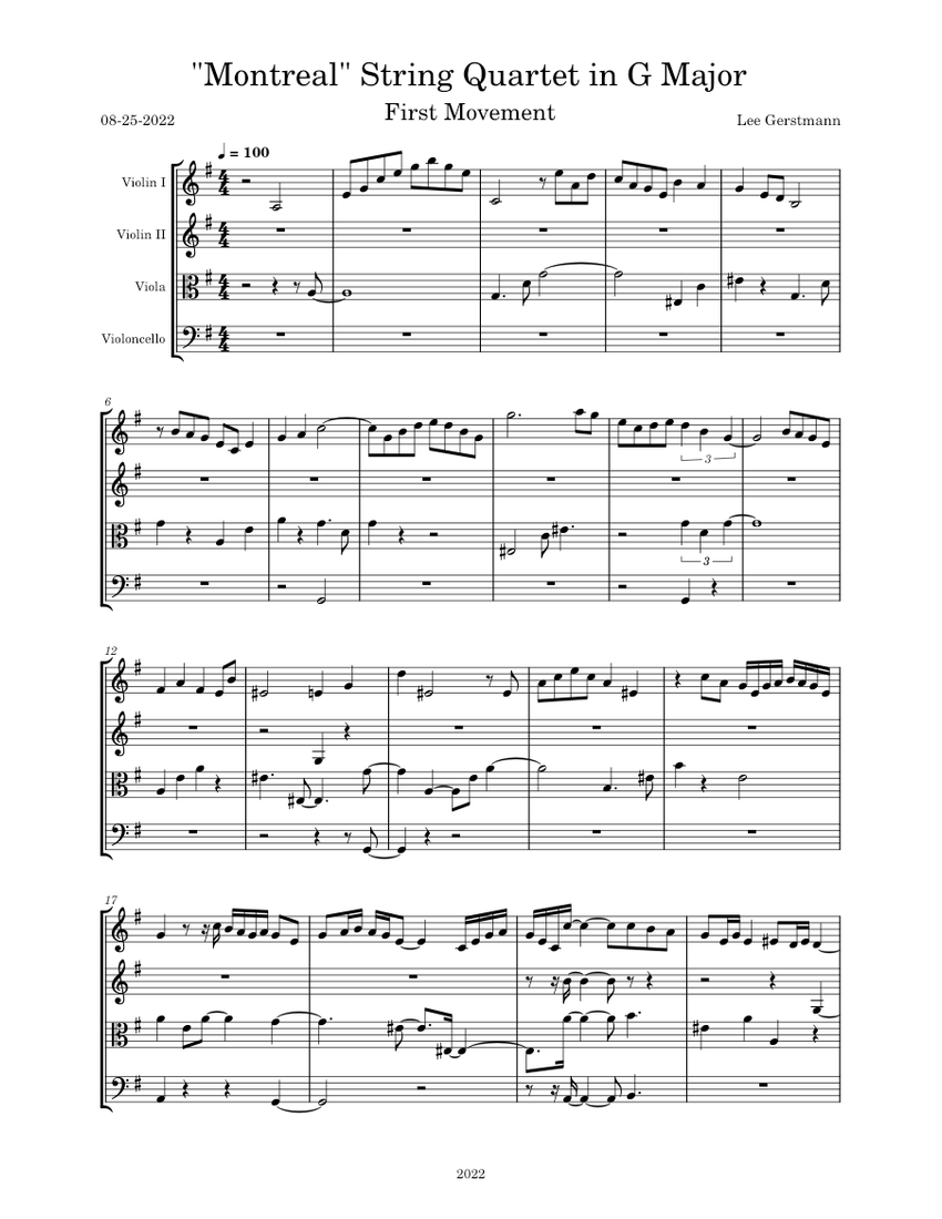 Montreal String Quartet First Movement Sheet Music for Violin, Viola, Cello (String Quartet ...