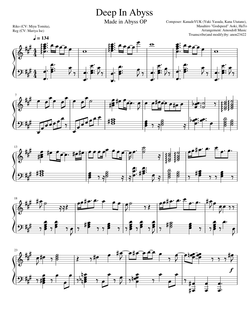 Deep in Abyss – Miyu Tomita (Made In Abyss OP Full) Sheet music for ...