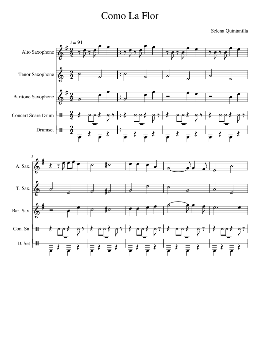 Como La Flor Sheet Music for Saxophone alto, Saxophone tenor, Saxophone ...