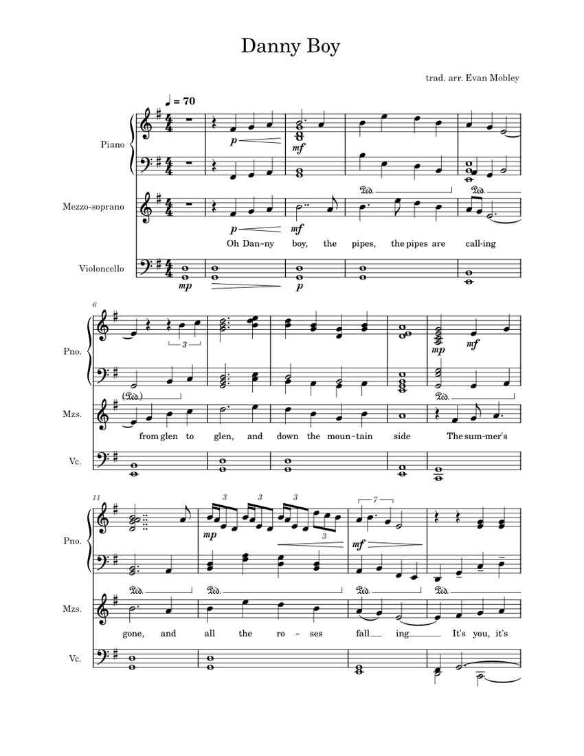 Danny Boy for Voice, Piano, and Cello Sheet Music for Piano, Mezzo ...