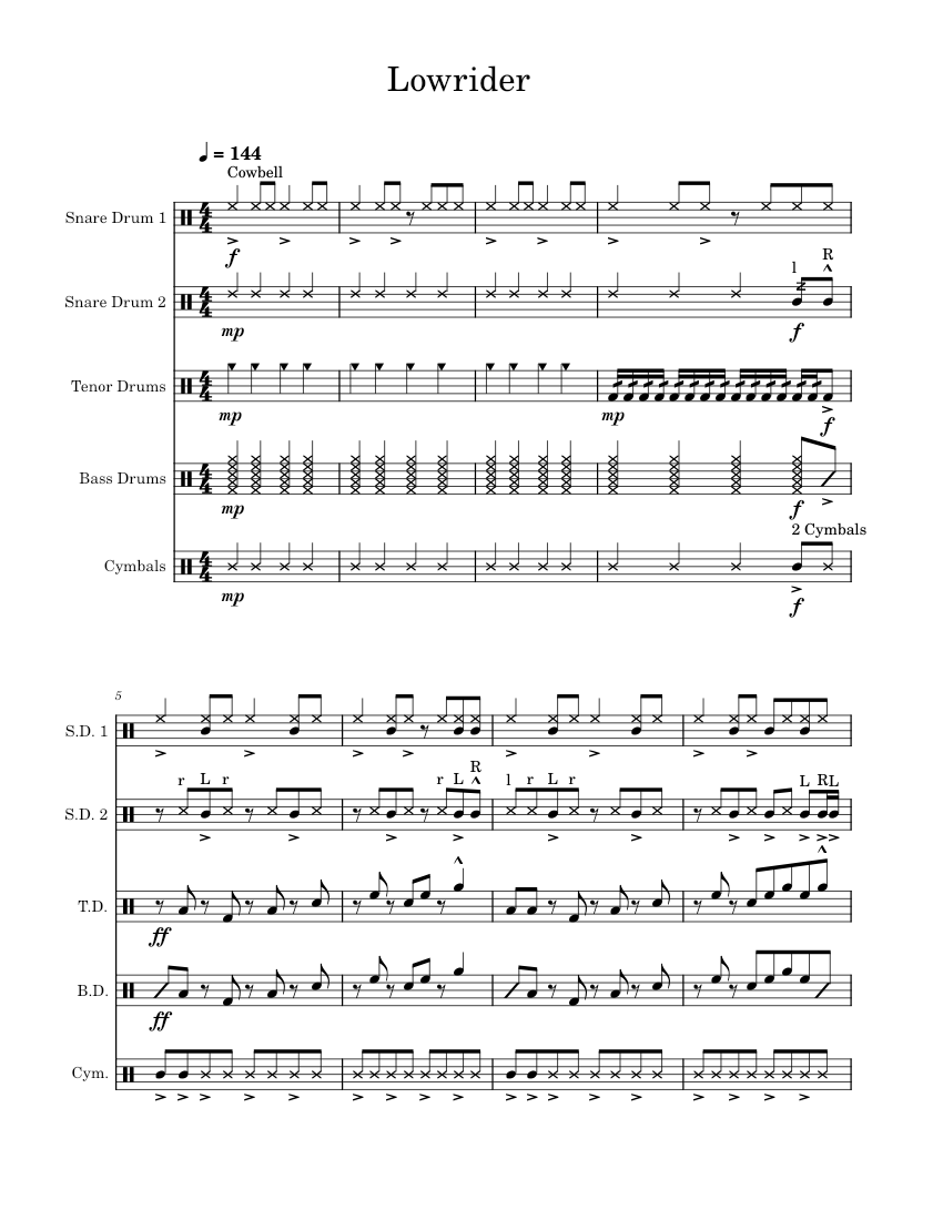 Low Rider Sheet Music for Snare drum, Crash, Tenor drum, Bass drum ...