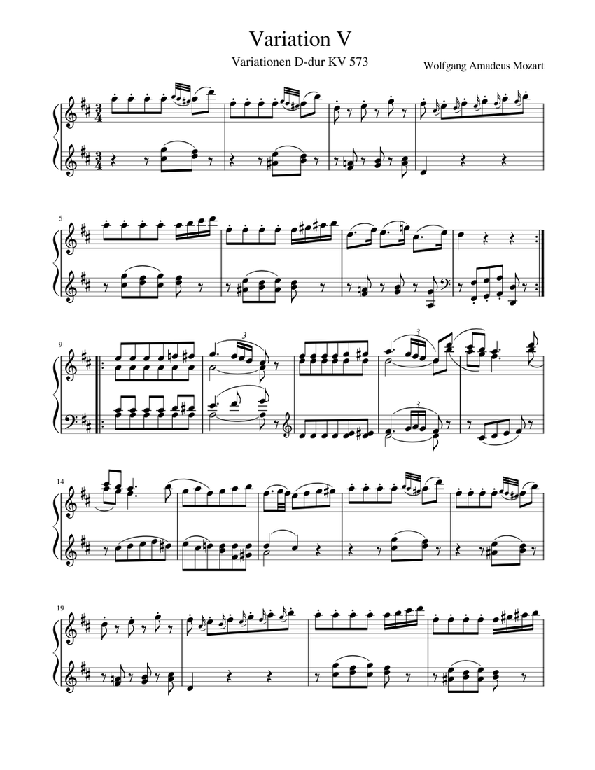 Wolfgang Amadeus Mozart - Variation V - Variationen D-dur KV 573 Sheet ...