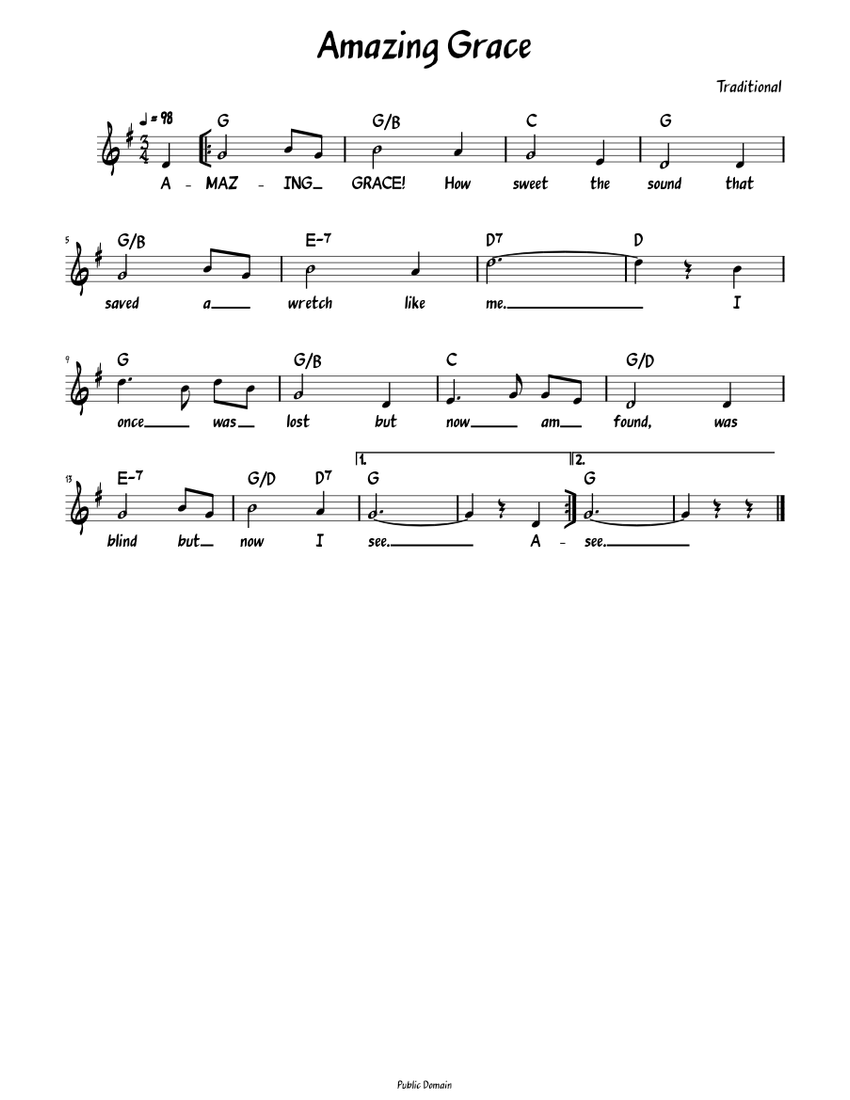 Amazing Grace (Lead sheet with lyics ) Sheet music for Piano (Solo ...
