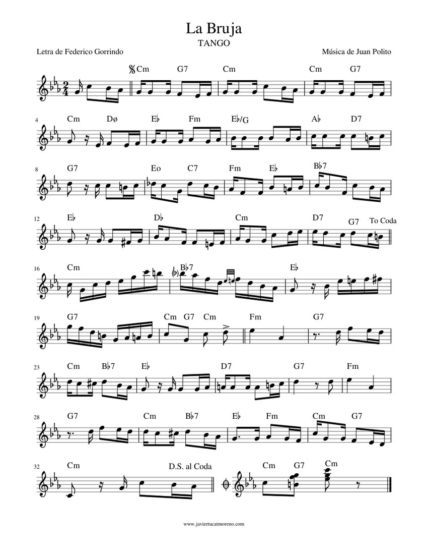 La Bruja - TANGO Sheet Music with Chords for Piano (Solo) easy ...