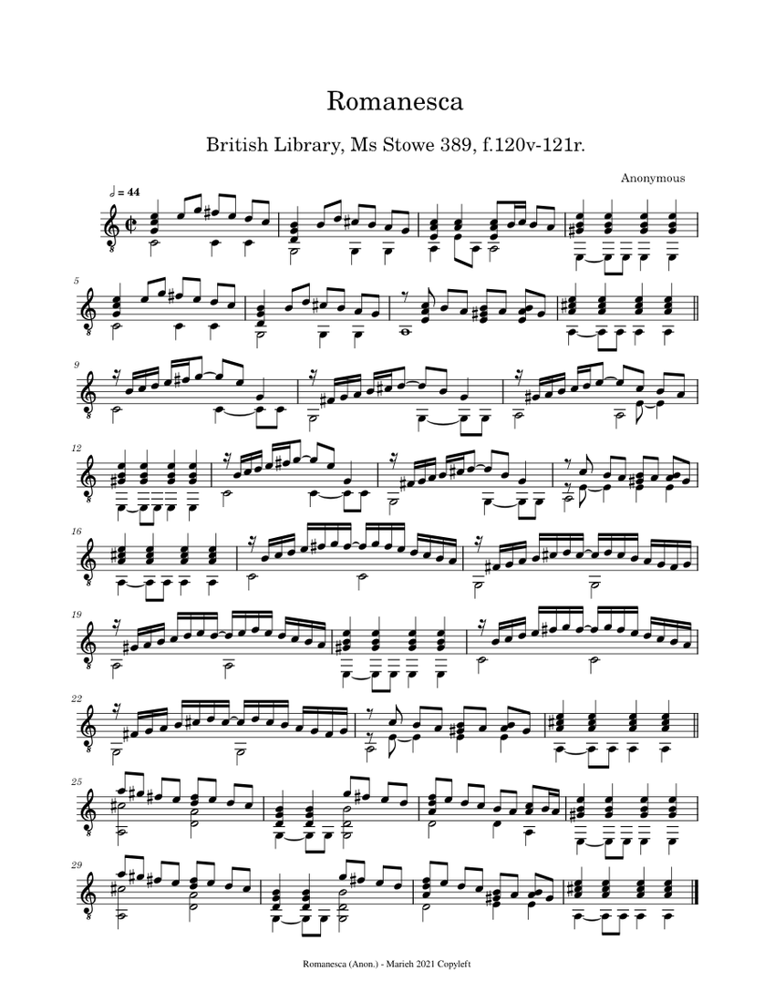 Romanesca – Anonymous Sheet music for Guitar (Solo) | Musescore.com