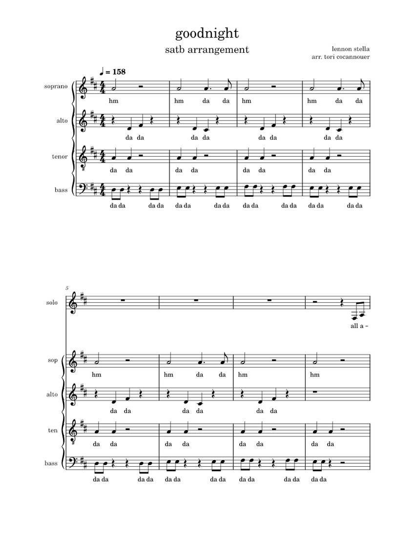 Goodnight – Lennon Stella SATB + Solo Acapella Sheet Music for Piano (A ...